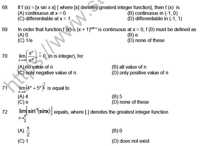 JEE Mathematics Limits Continuity and Differentiability MCQs Set A with Answers